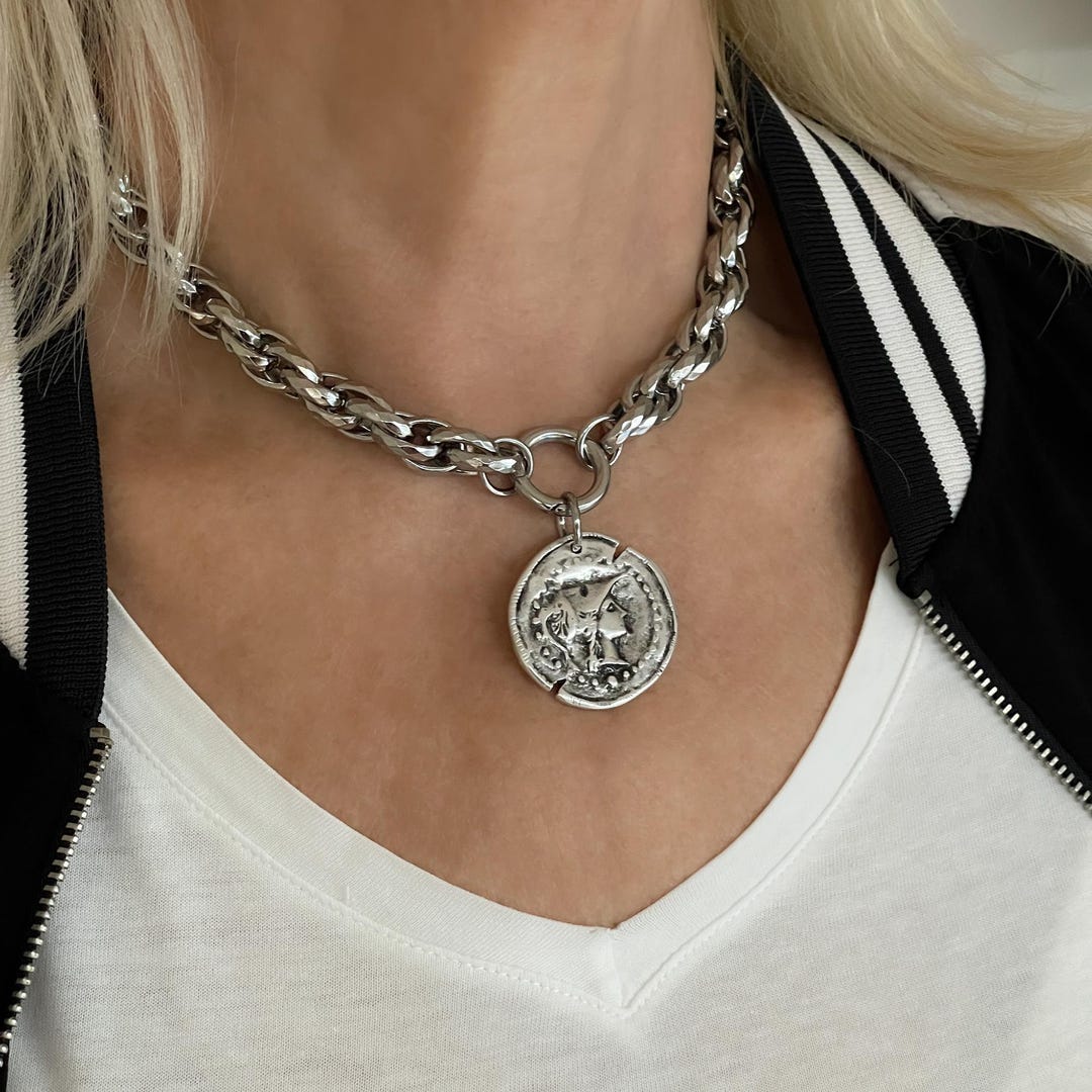 Athena Coin Choker Necklace, Silver Chunky Chain Necklace, Greek ...