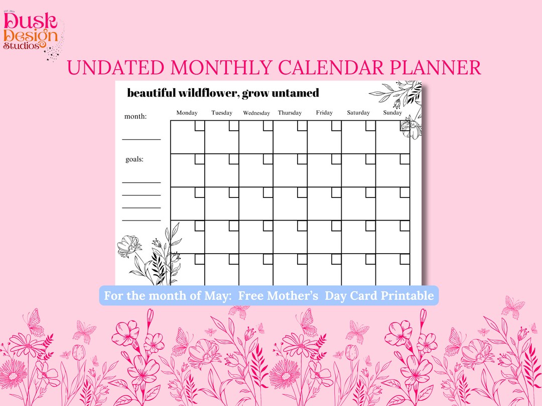 Undated Monthly Calendar Planner Printable Landscape Monday and Sunday ...