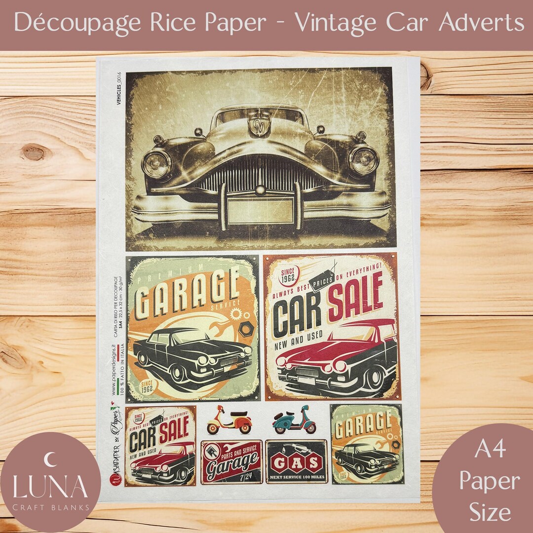 Rice Paper for Decoupage, Vintage Car & Scooter Adverts A4 Sheet ...