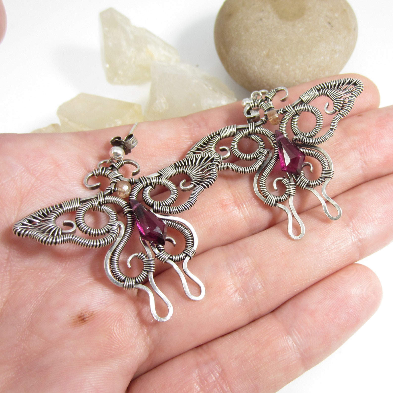 Take off Earrings - Sterling and Fine Silver Moths With Garnet and ...
