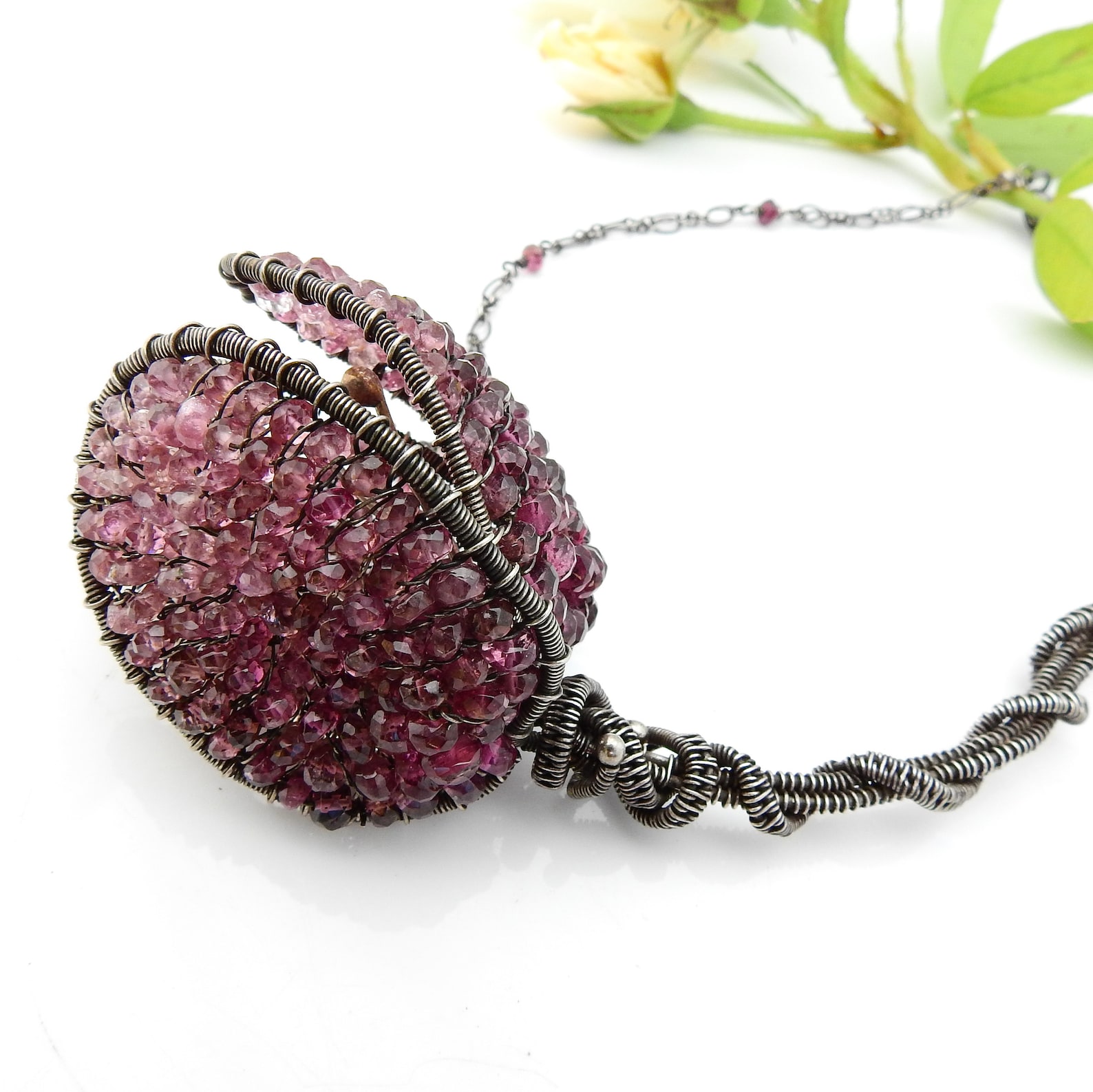 The Hanging Tulip Necklace - Pink Tourmaline Wrapped Tulip With a ...