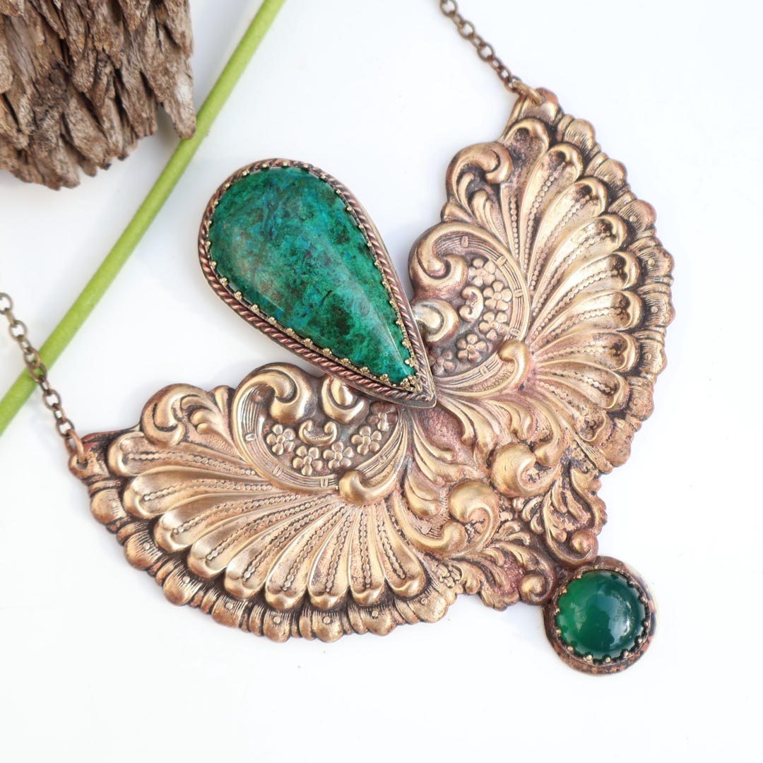 Queen of Sheba Necklace - Vintage Brass Stamping With Chrysocolla and ...