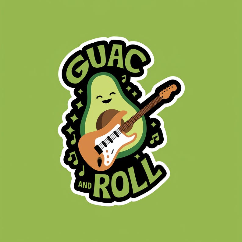 Guac and Roll Pun Sticker | Funny Avocado Guitar Vinyl Decal | Music ...