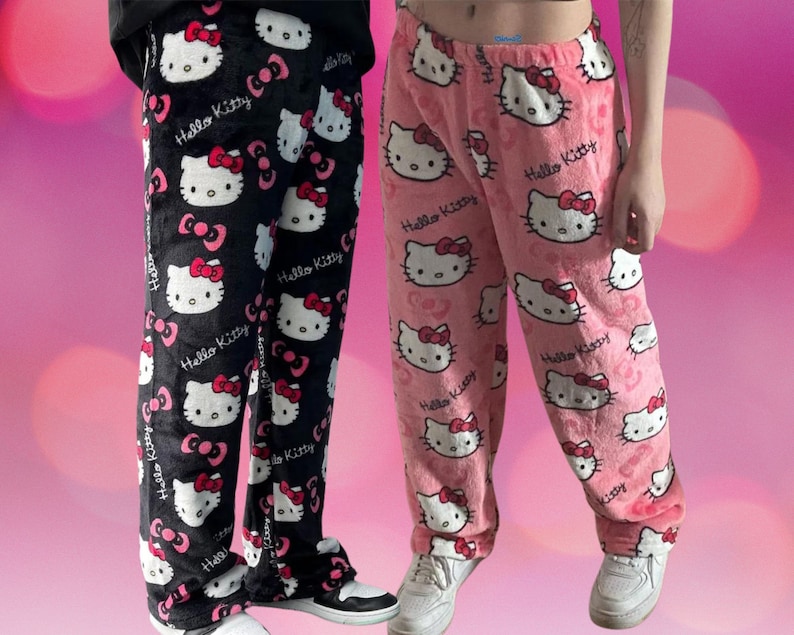 Matching Couple Valentines Hello Kitty Pajamas Pants Black Pink Bestie