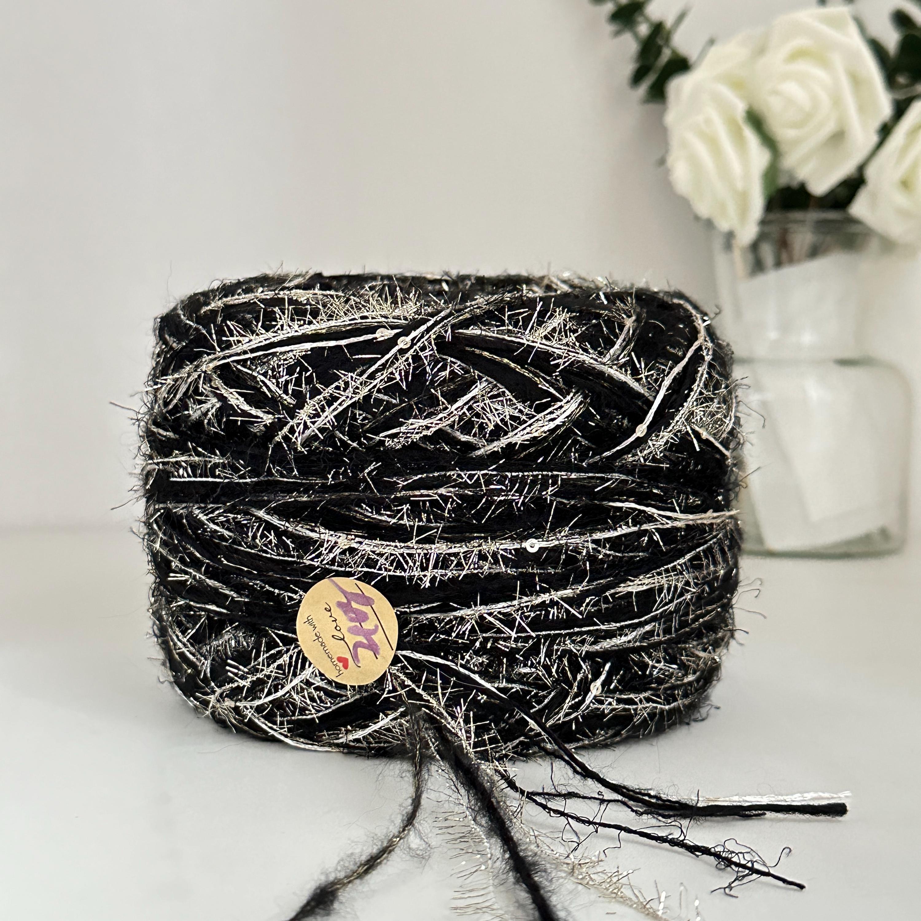 Handmade Black and Silver Sparkle Yarn, 126 Metres, 200g Metallic Glam ...