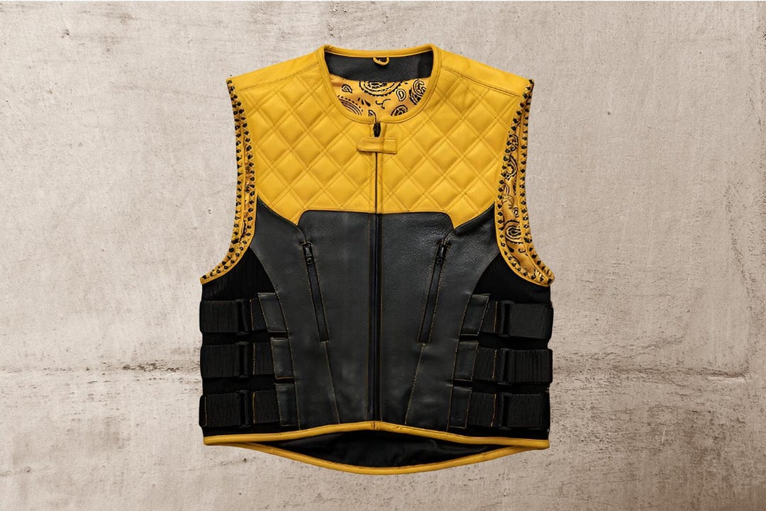 Men Yellow Leather Police Swat Quilted Paisley Leather Vest Men Biker ...