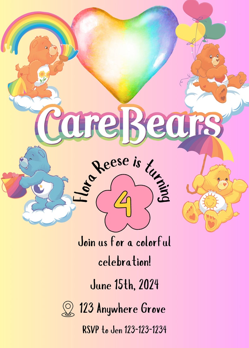 Editable Care Bear Birthday Party Invitation, Birthday Invitation ...