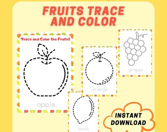 Fruits Trace and Color Worksheet - Etsy