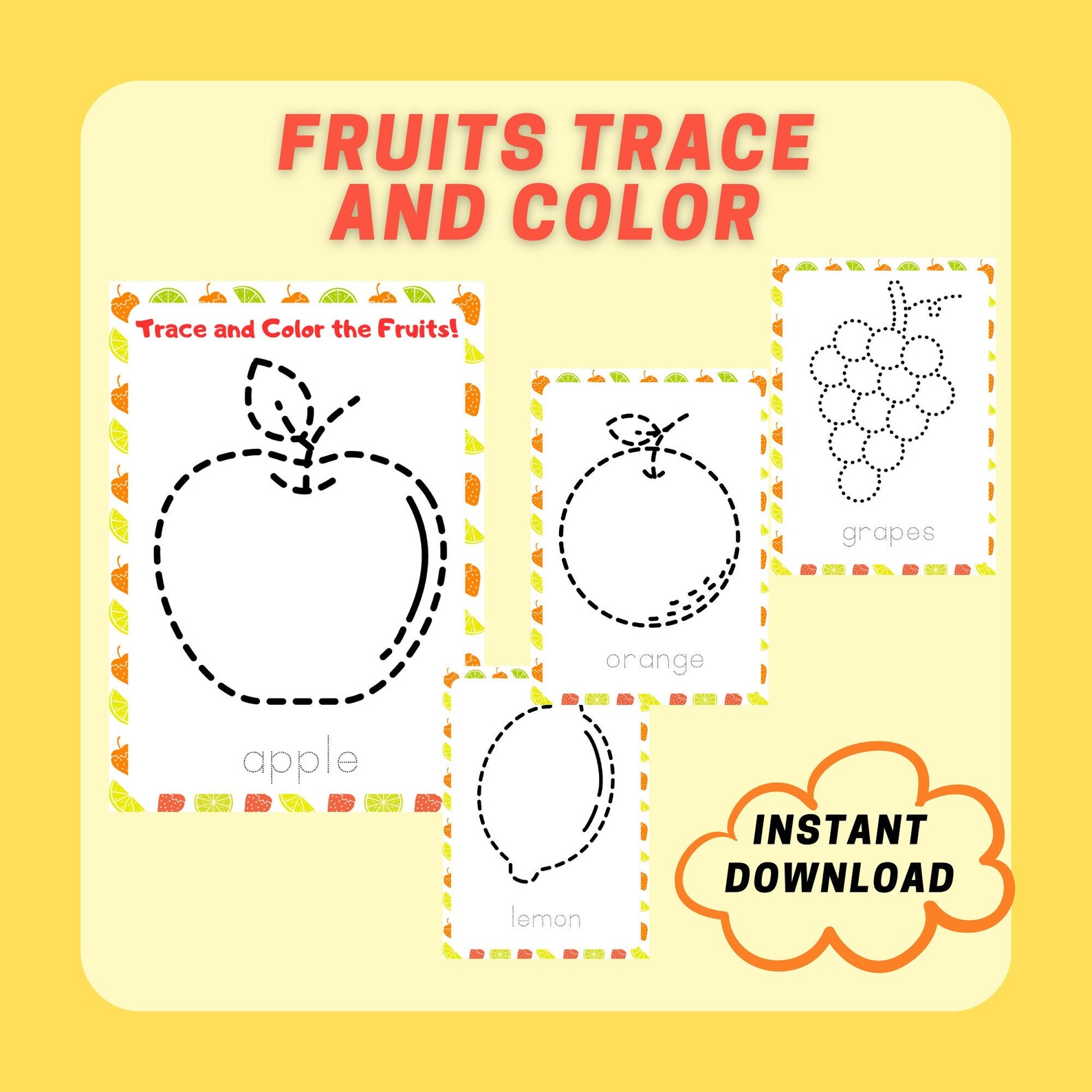 Fruits Trace and Color Worksheet - Etsy