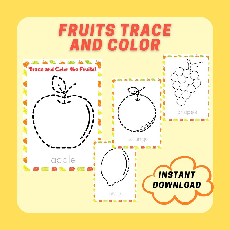 Fruits Trace and Color Worksheet - Etsy