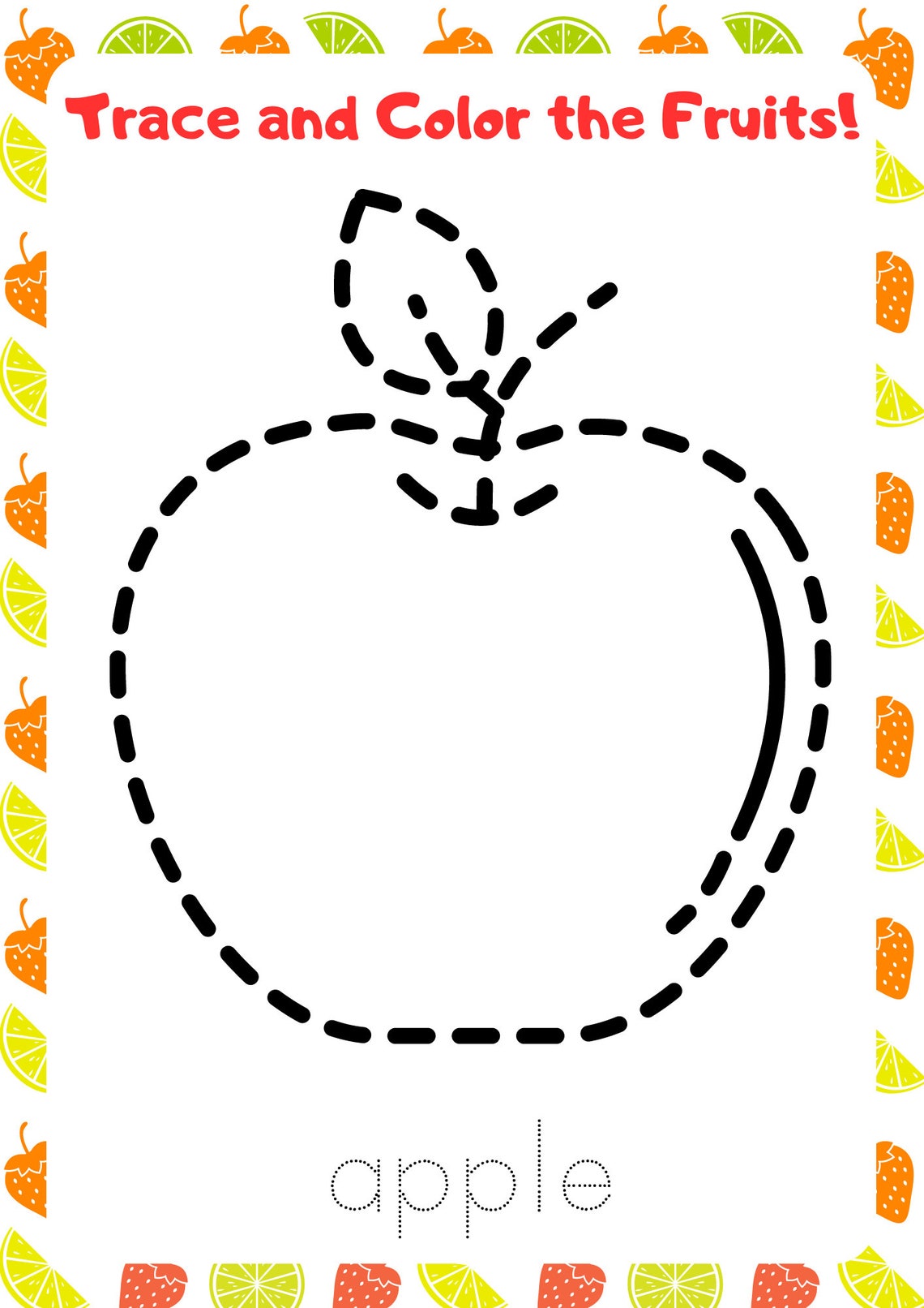 Fruits Trace and Color Worksheet - Etsy