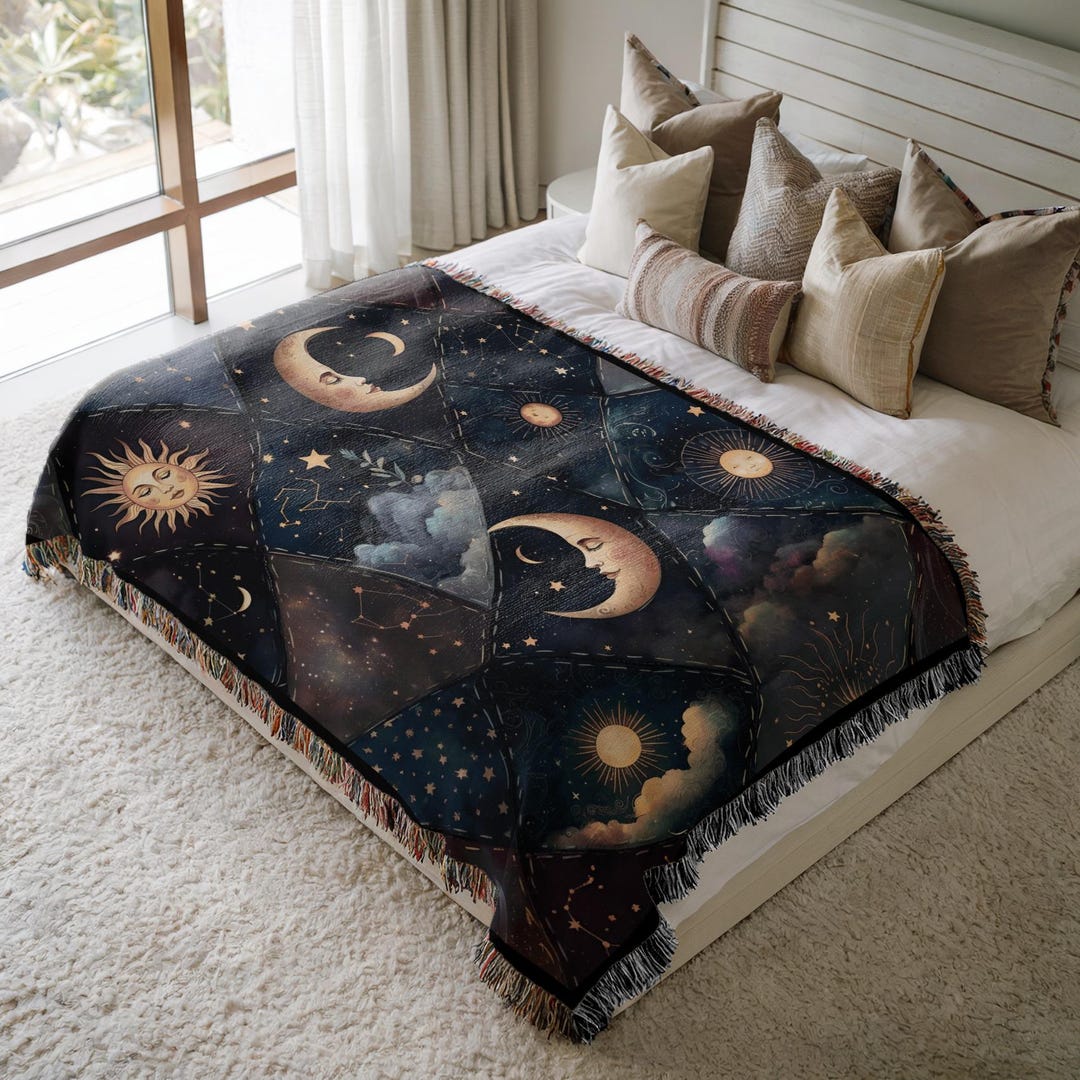 Celestial Moon and Stars Blanket, Night Sky Themed Quilt, Cozy ...