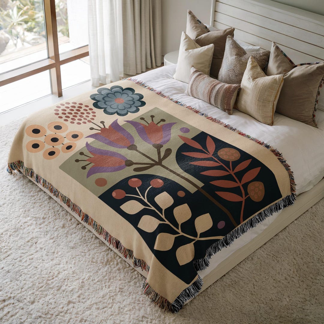 Nordic Floral Woven Throw Blanket - Scandinavian Folk Art Tapestry ...