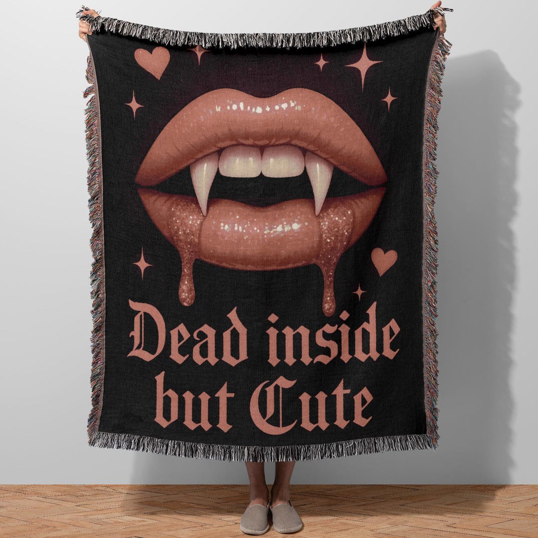 Dead Inside but Cute Blanket – Vampire Goth Lips Fangs Art Woven Throw ...