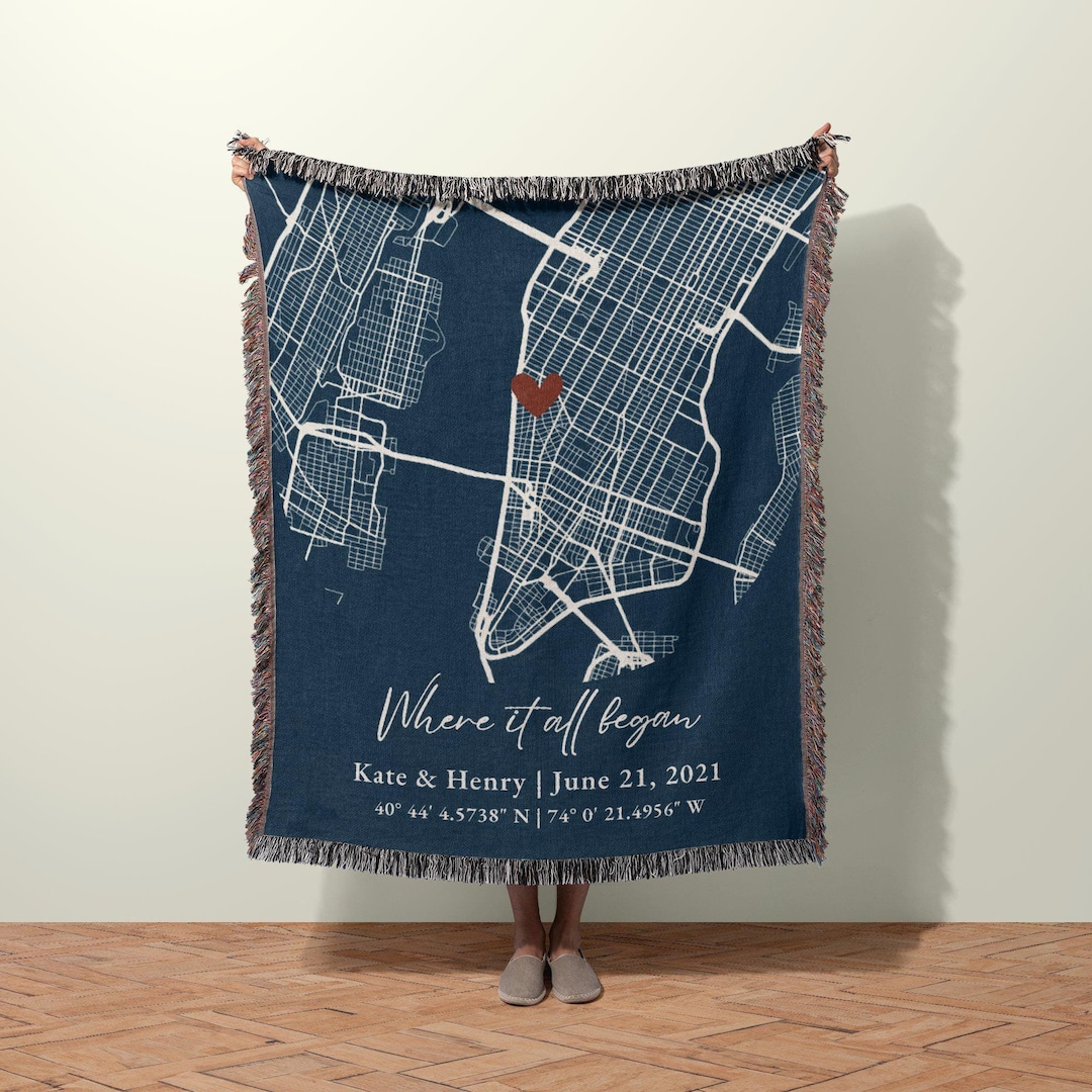 Woven Romantic Personalized Blanket, Custom City Map Coordinates, Heart ...