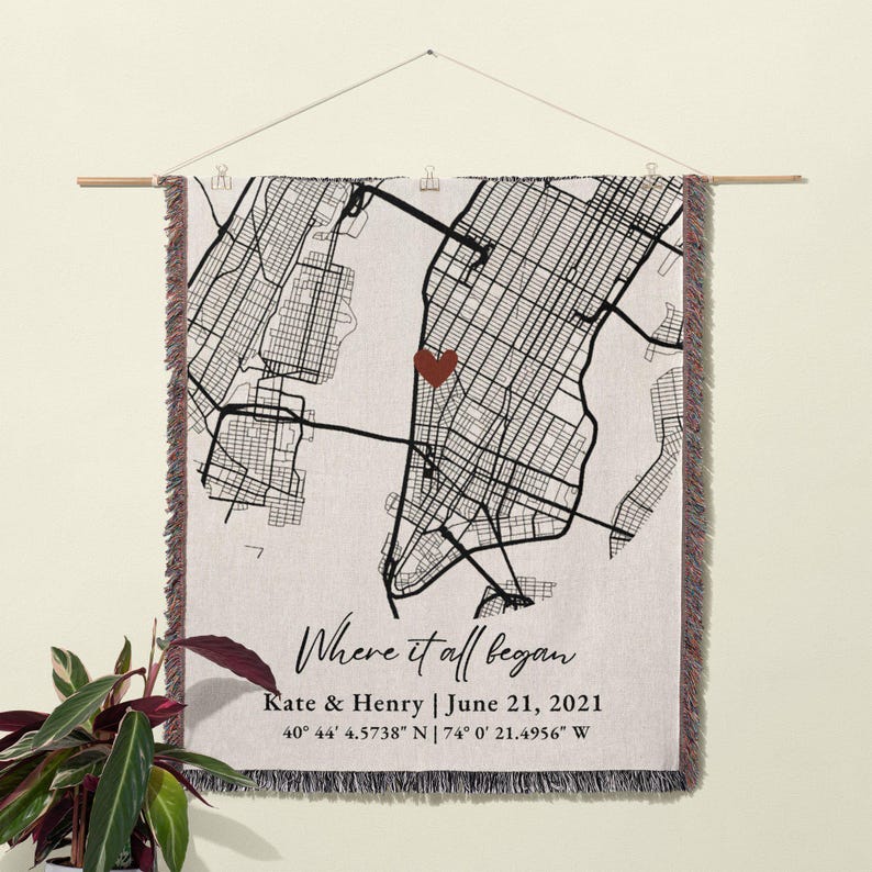 Woven Romantic Personalized Blanket, Custom City Map Coordinates, Heart ...