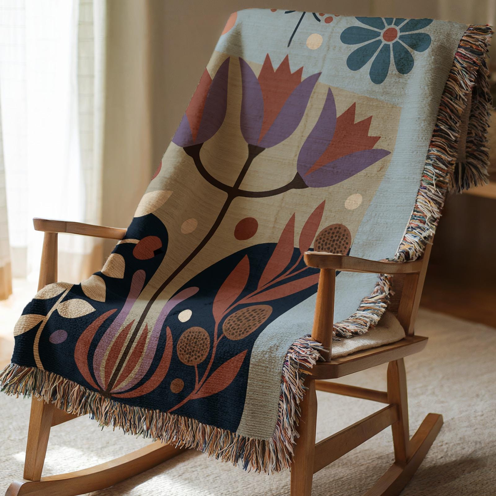 Nordic Abstract Floral Throw Blanket, Scandinavian Woven Cotton ...