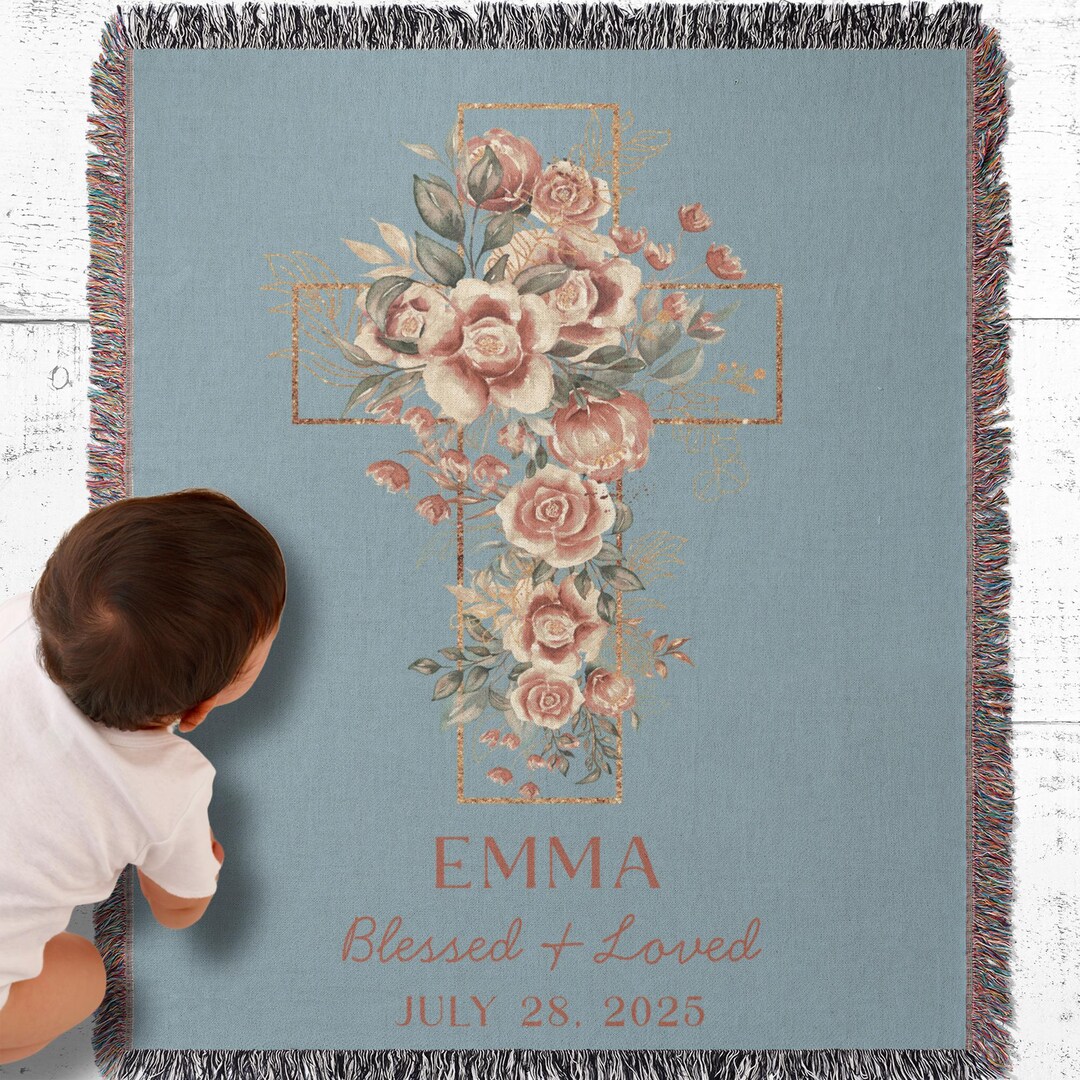 Personalized Baptism Blanket Floral Cross Woven Cotton Throw Quilt ...