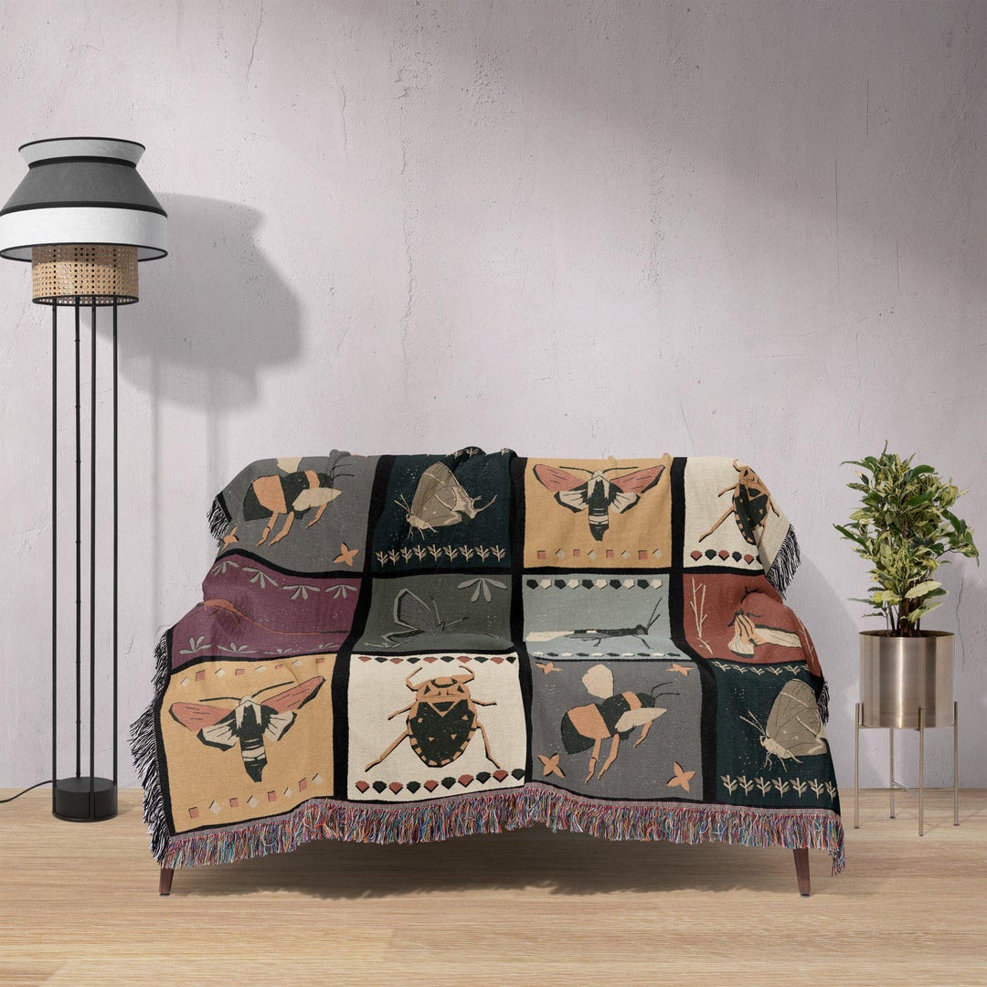 Woven Insect Theme Patchwork Blanket, Cozy Colorful Nature Inspired ...