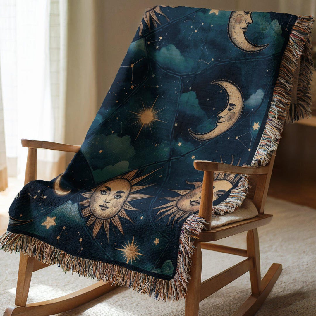 Sun Moon Starry Night Blanket, Astral Quilt Throw, Celestial Blue ...