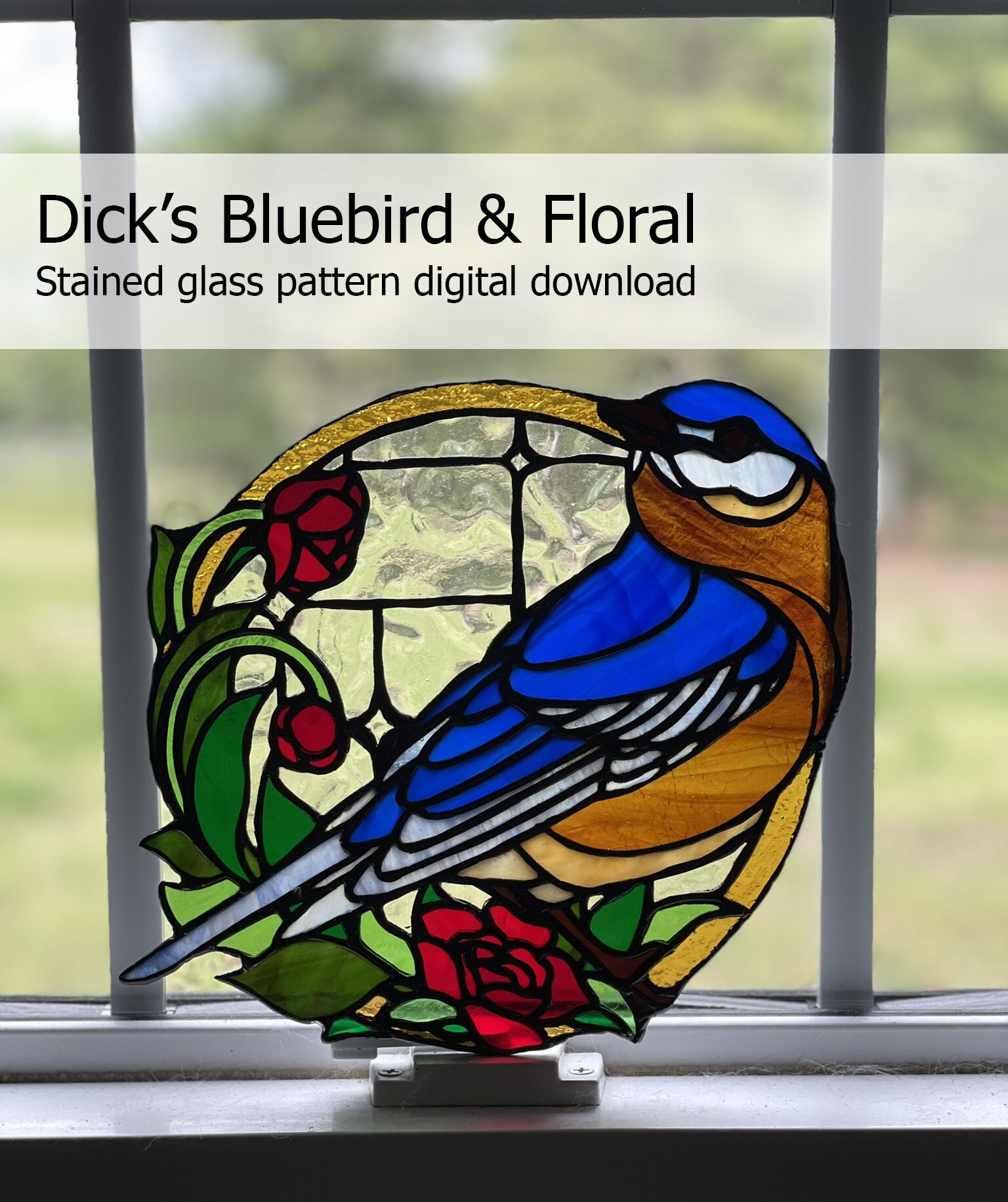 Dick's Bluebird & Floral || Stained Glass Pattern Bird Flowers Digital ...