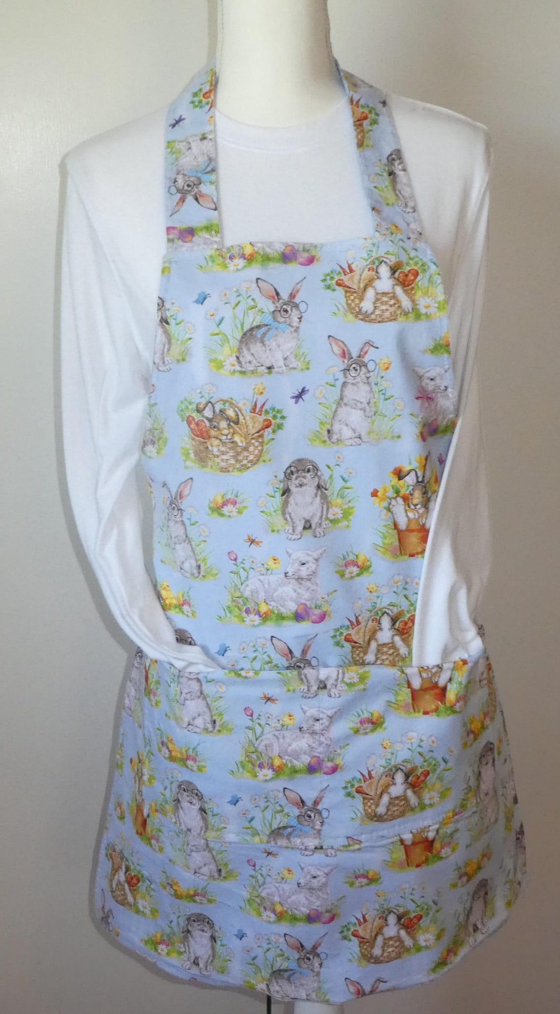 Reversible Cotton Apron – Easter Bunny & Lamb Print, Farmhouse Kitchen ...