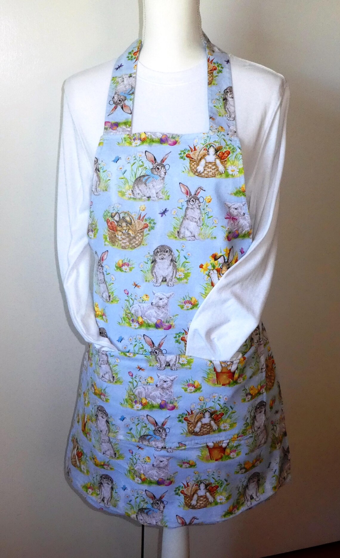 Reversible Cotton Apron – Easter Bunny & Lamb Print, Farmhouse Kitchen ...