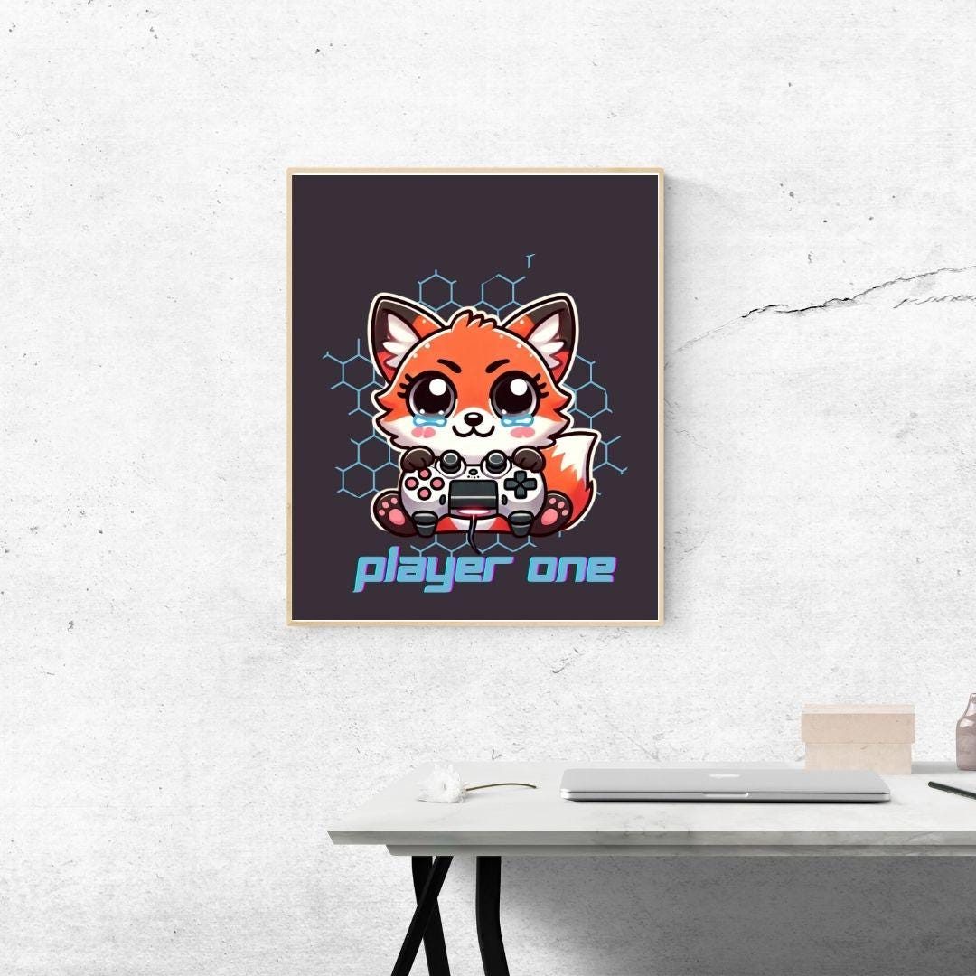 Kawaii Gamer Fox Wall Art – Player One Gaming Poster – Cute Animal ...