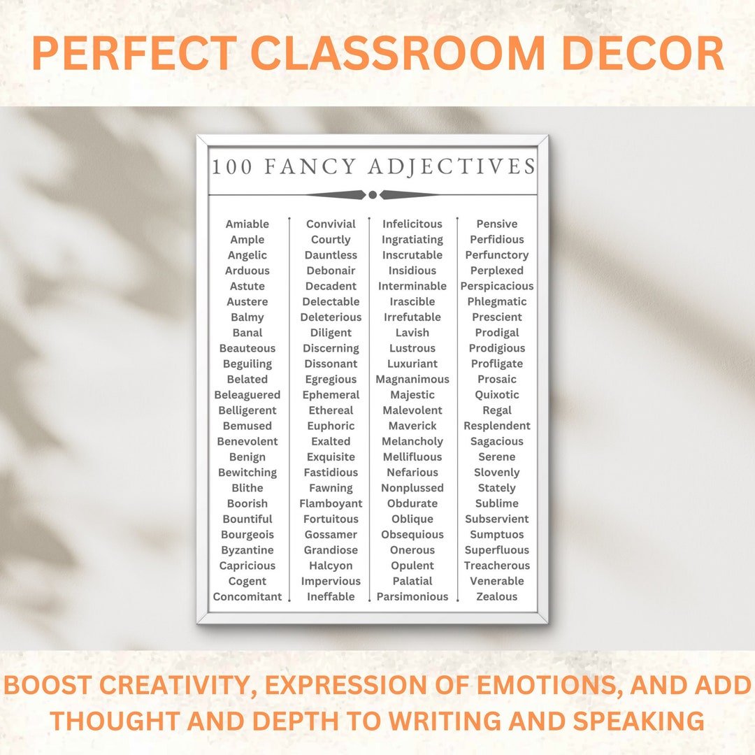 100 Fancy Adjectives Poster white, Descriptive Poster, Classroom Decor ...