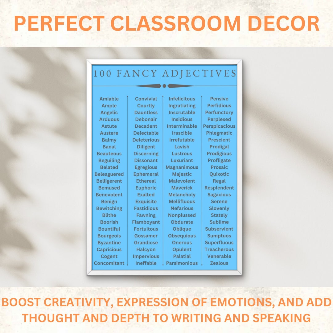 100 Fancy Adjectives Poster dark Blue, Descriptive Poster, Classroom ...
