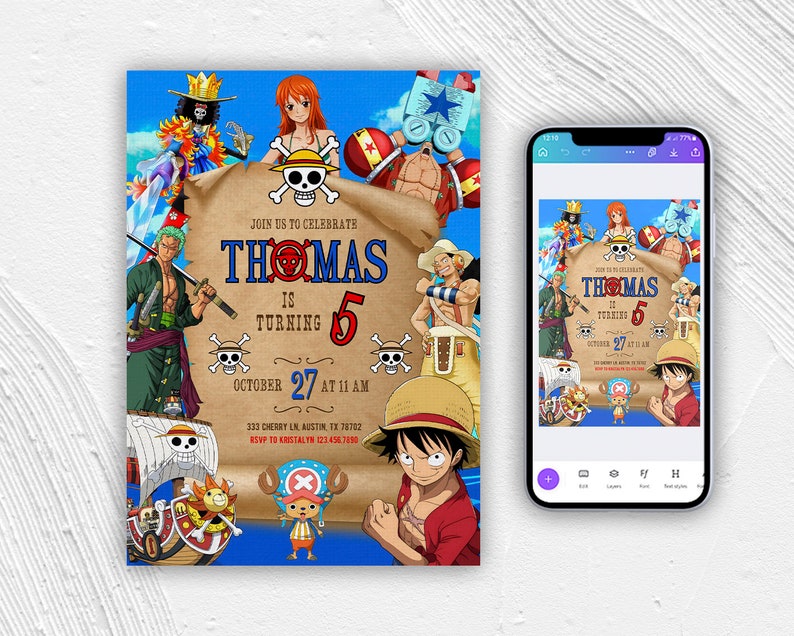 Printable Anime Birthday Invitation, Editable Straw Hat Pirat Bday ...