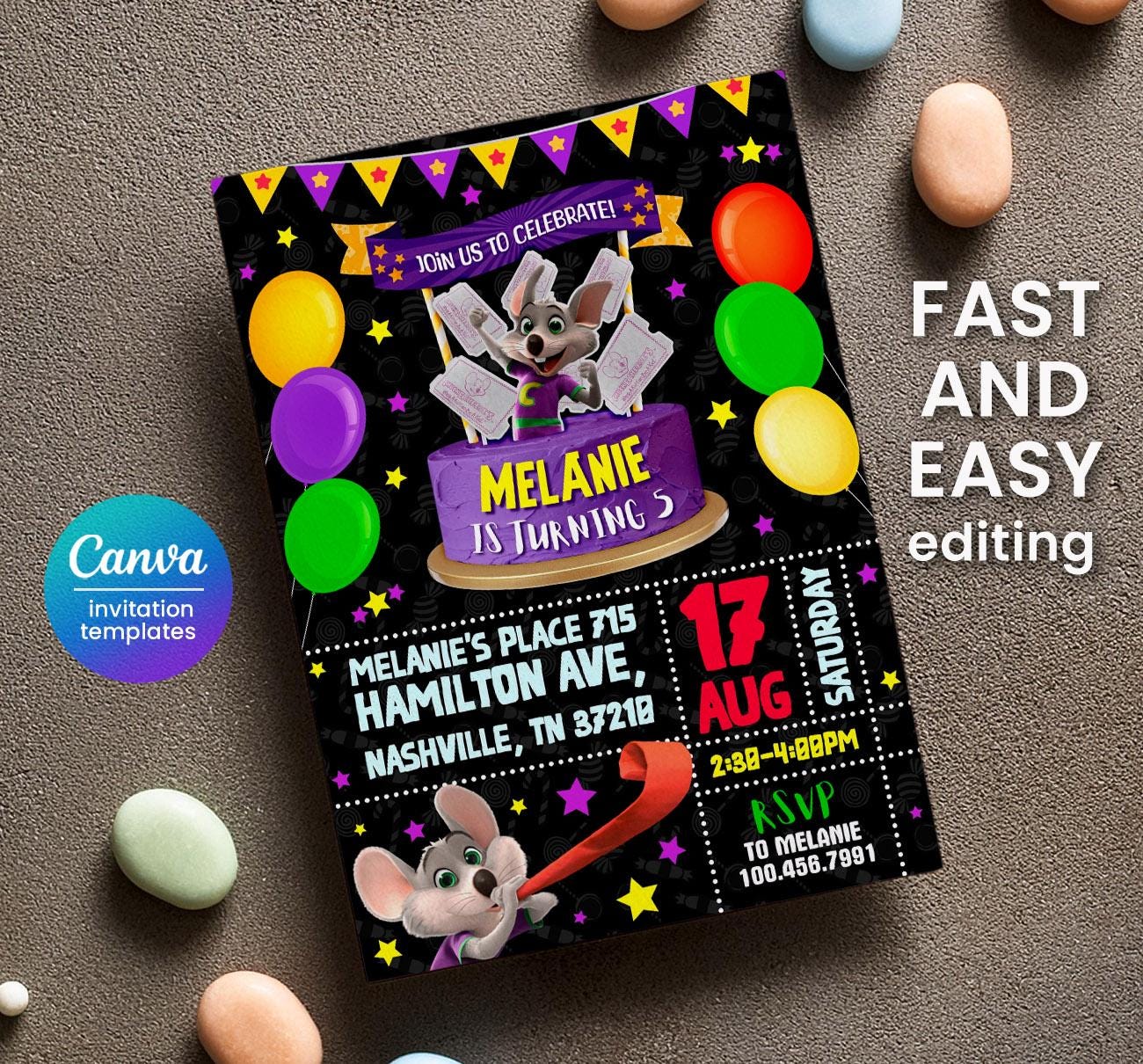 Chuck-e-cheese Editable Invitation, Printable Birthday Invite, Mouse ...