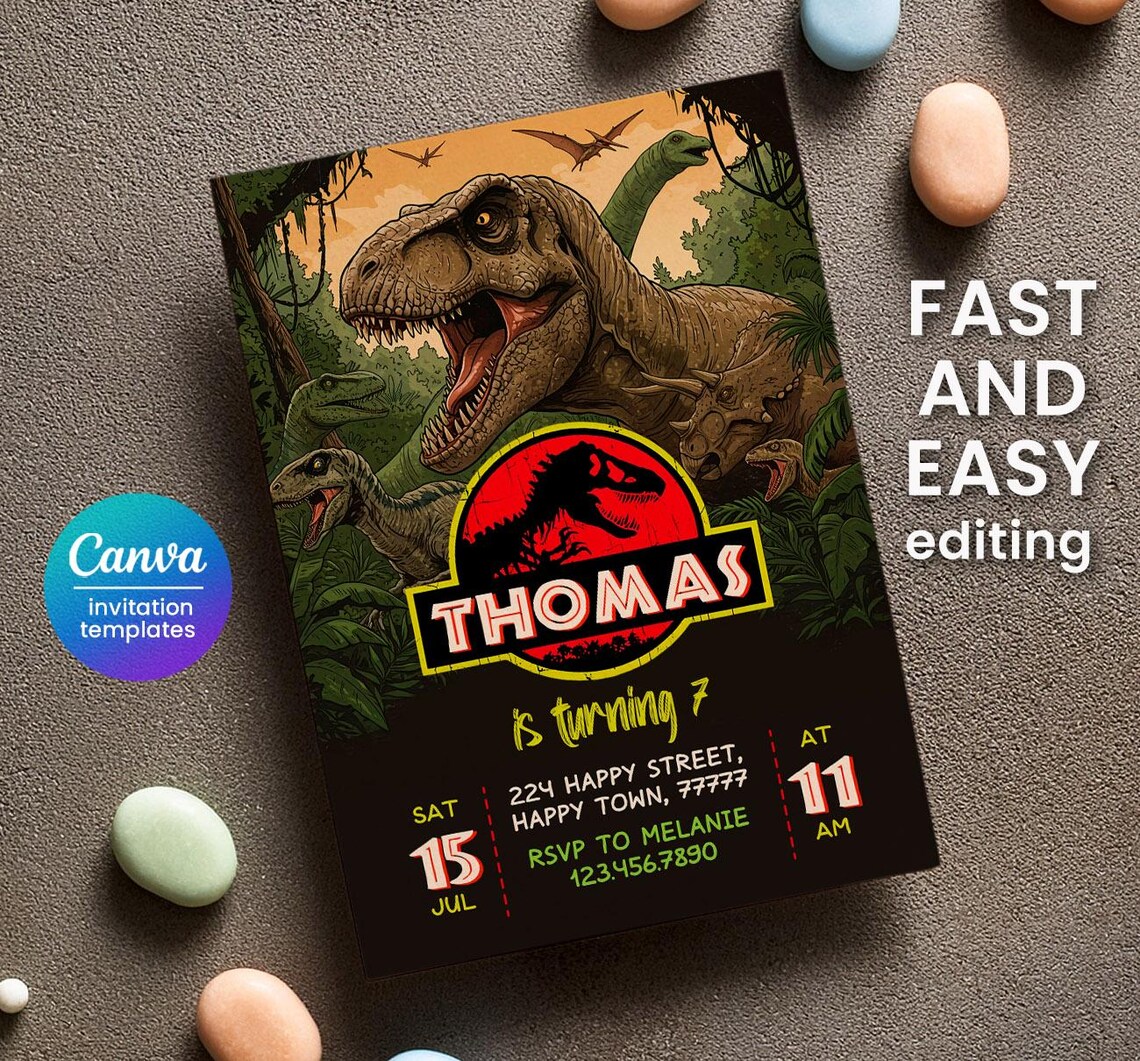Dinosaur Birthday Invitation, T-rex Party, Canva Template (digital ...