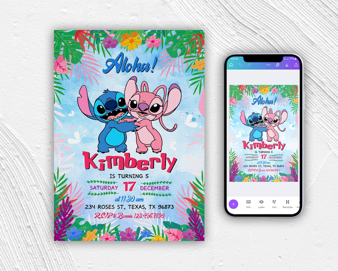 Stitch Birthday Invitation Template, Editable Girls Birthday Invite ...