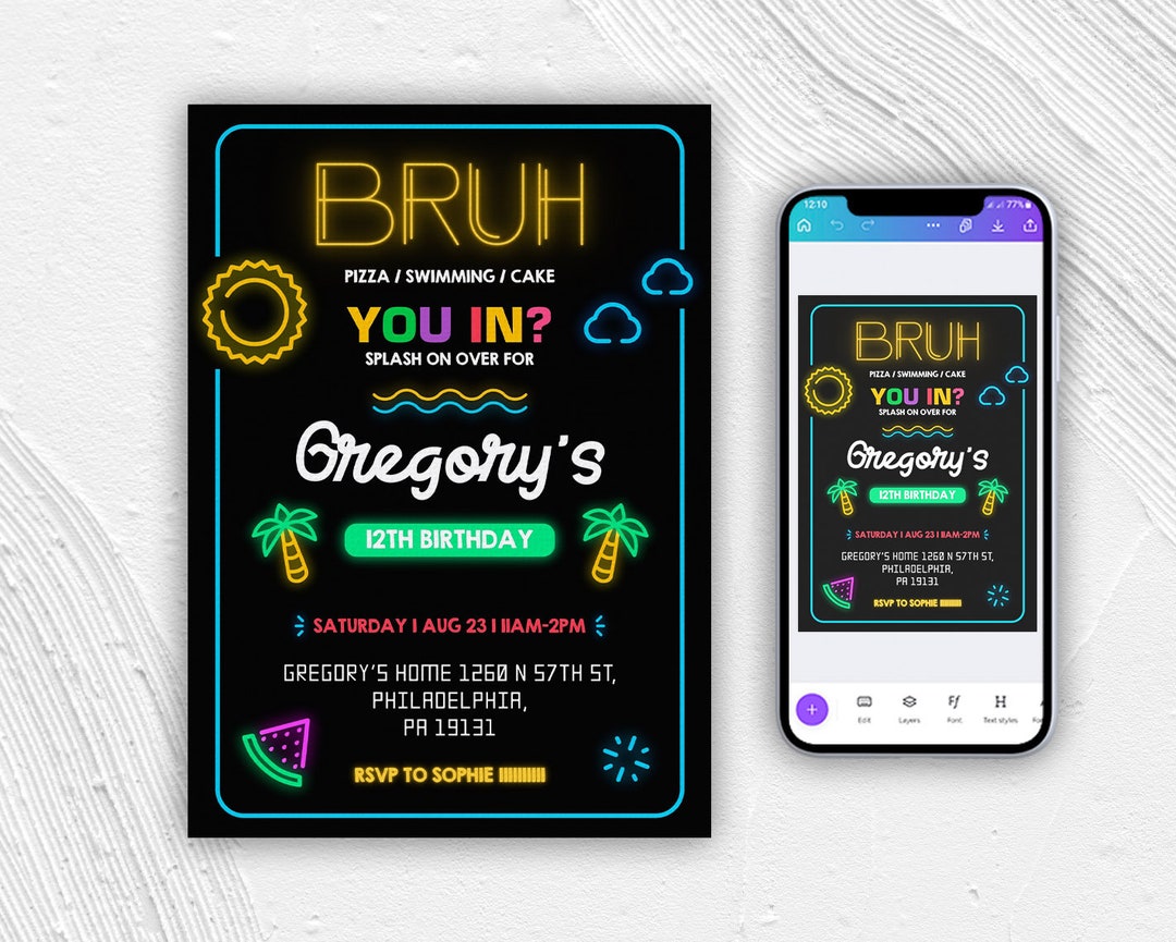 Printable Bruh Birthday Invitation, Gamer Boy Bday Invite, Teenager ...