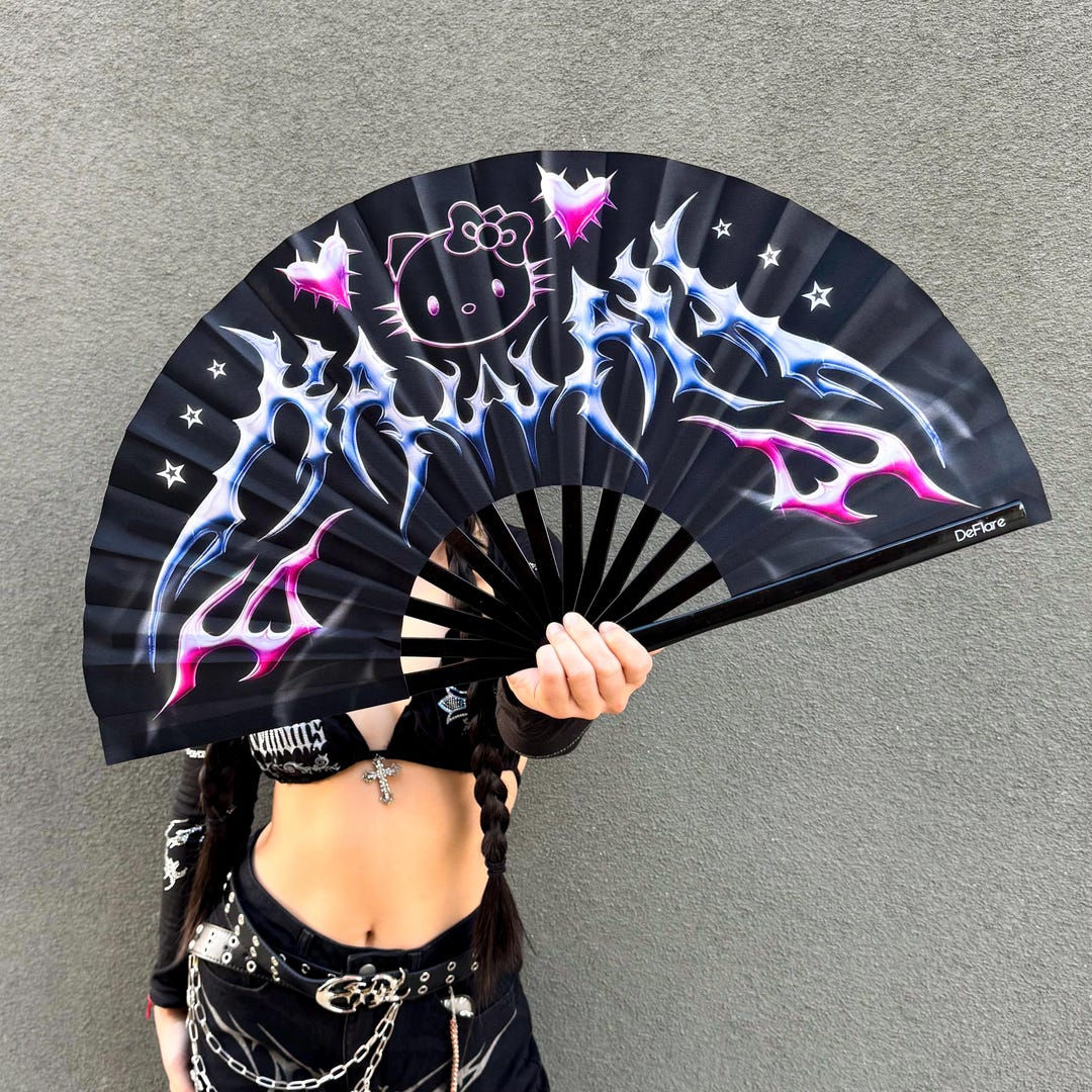 Chrome Kitty Rave Fan | Edgy Kawaii Festival Fan | Large Hand Fan ...