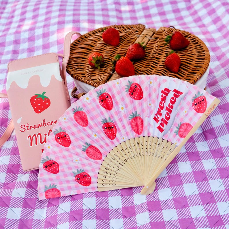 Strawberry Gingham Mini Fan: Rave Festival Accessory - Etsy