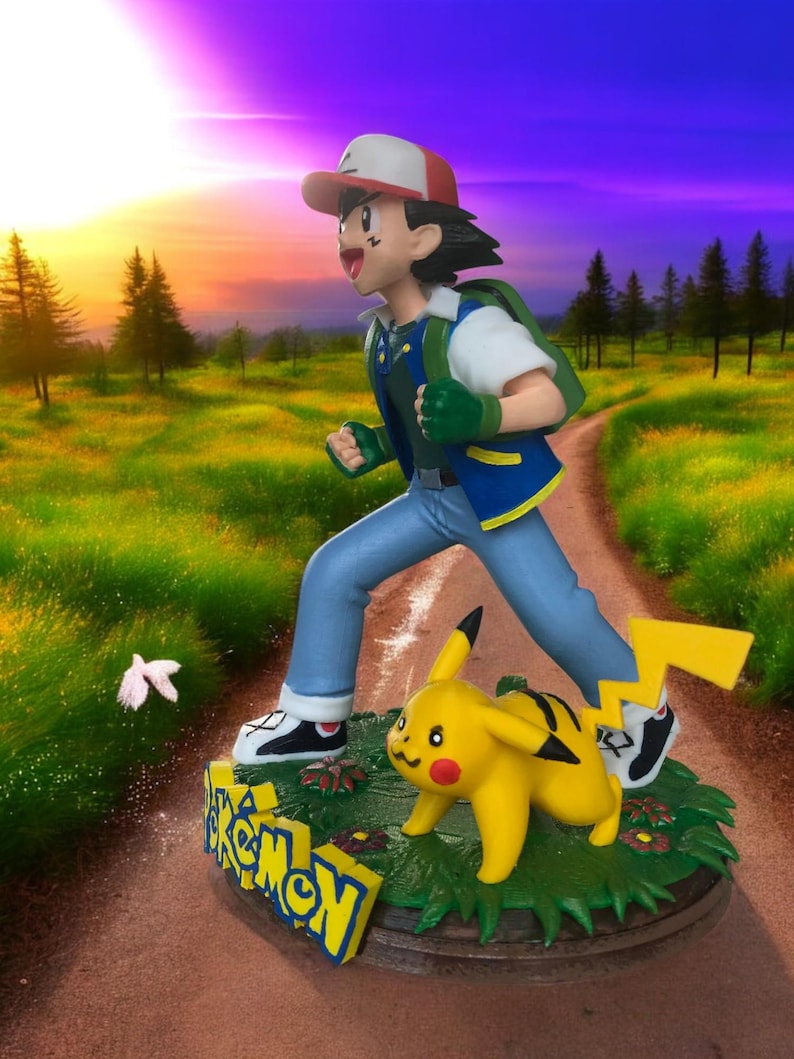 Hand Painted Ash and Pikachu Figure, Ash Ketchum Statue, High Detail 3D ...