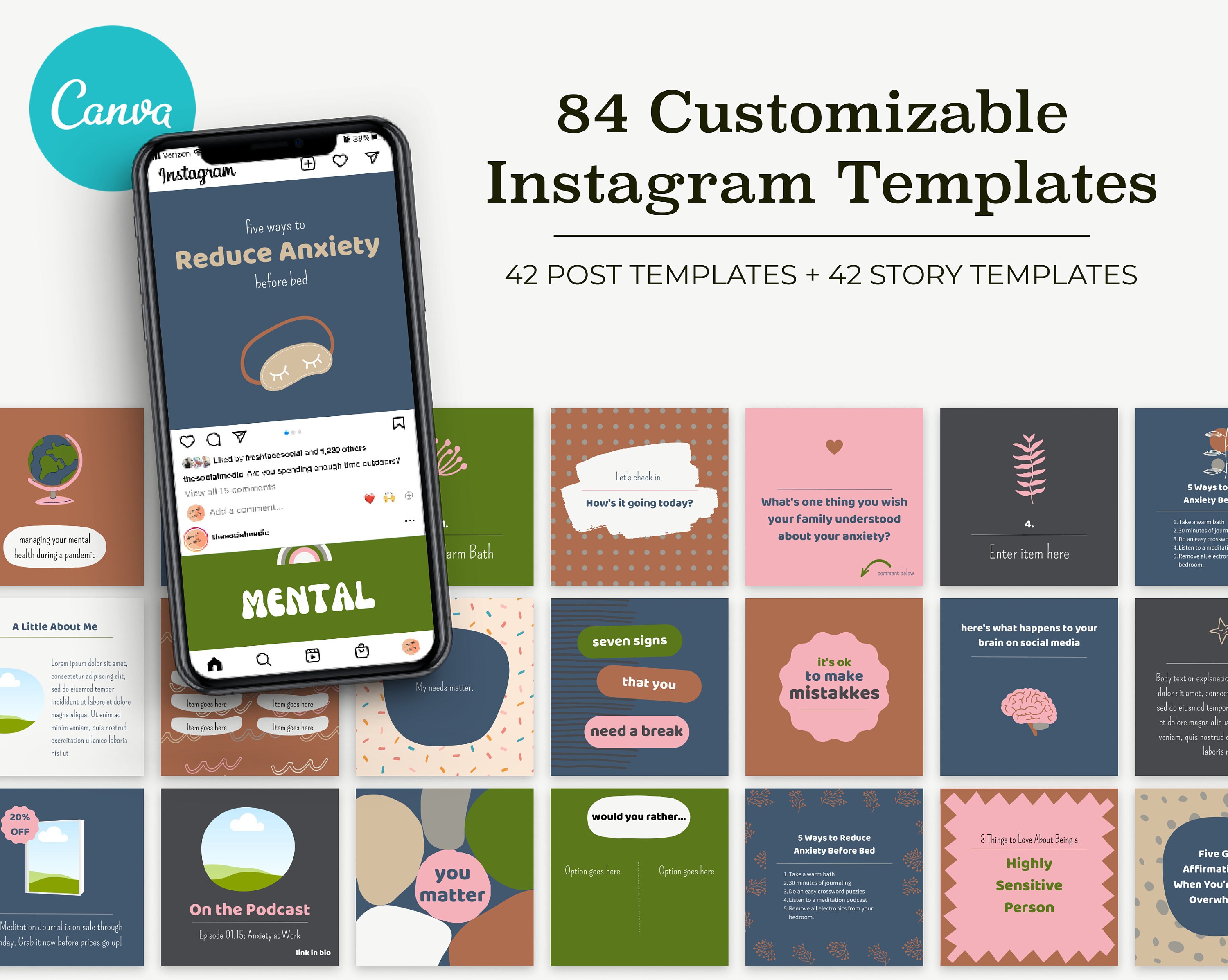 Editable 30 Social Media Template Therapist Psychologist Canva ...