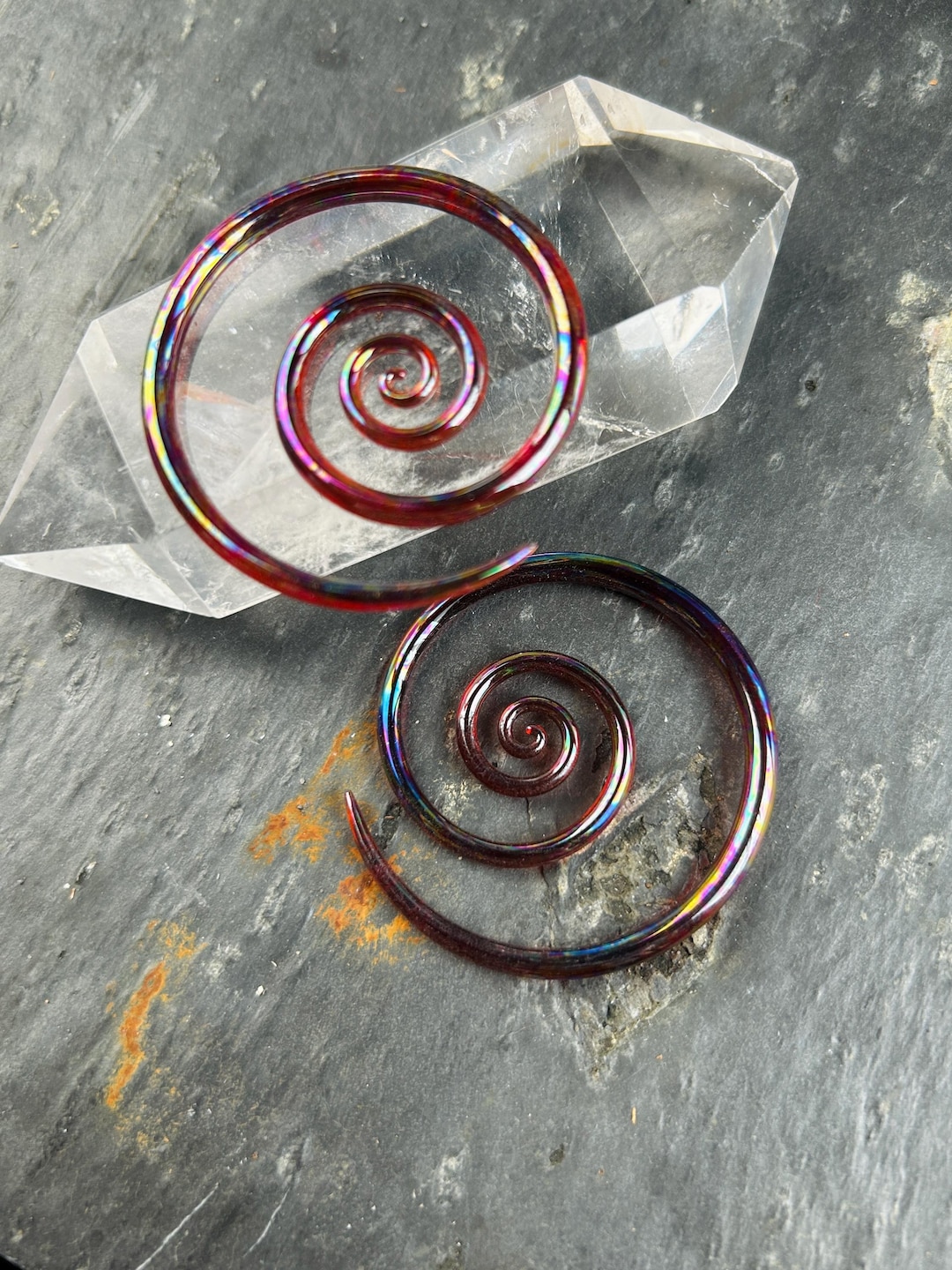8G | Oil Slick Garnet | Spirals | Gauged Glass Body Jewelry for ...