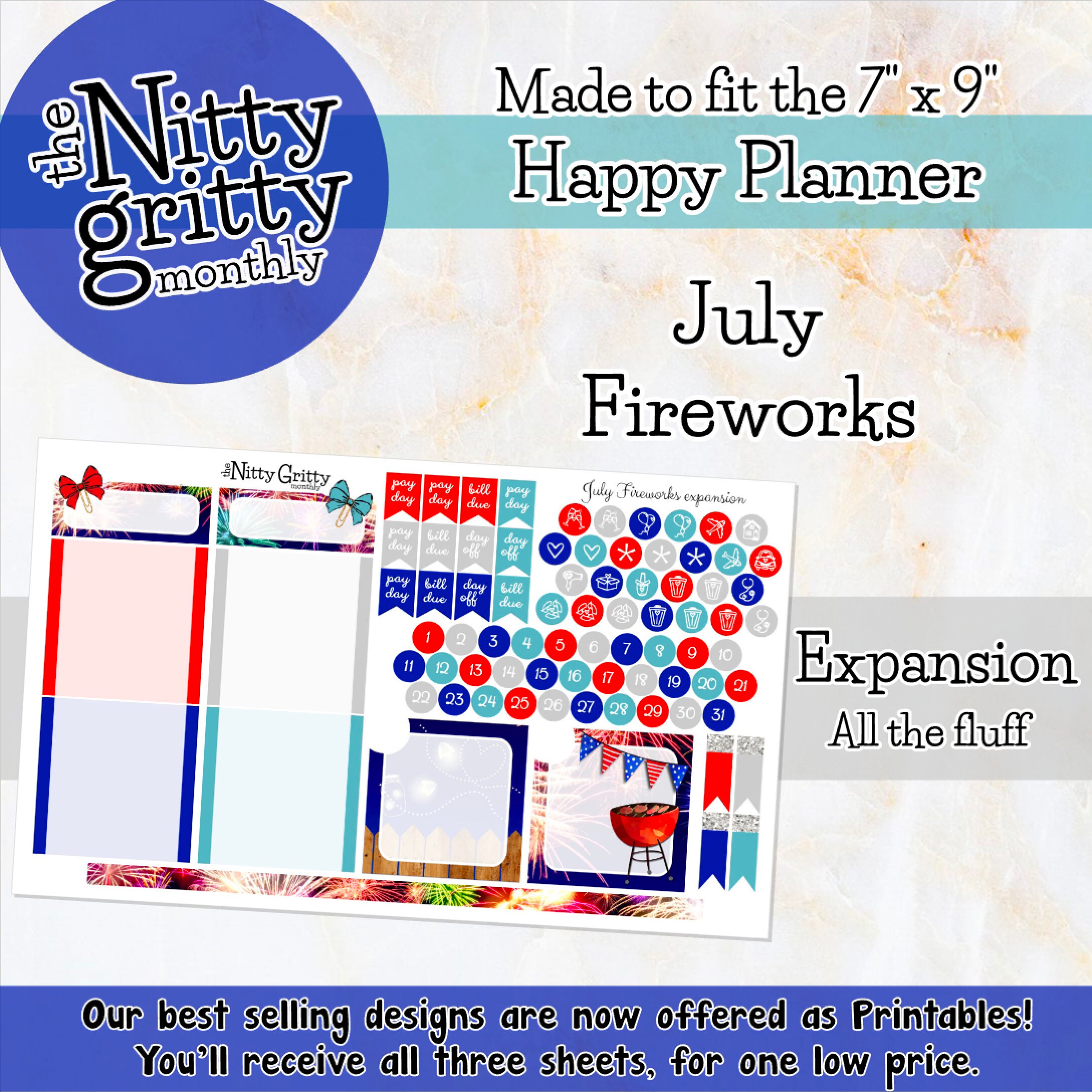 July Fireworks Monthly Kit | Printable Stickers | Happy Planner ...