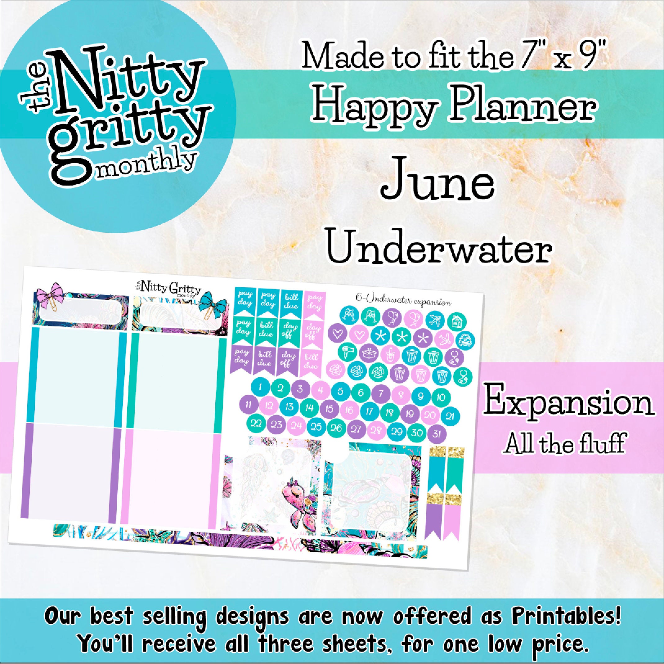 June Underwater Monthly Kit Printable Stickers Happy Planner Silhouette ...