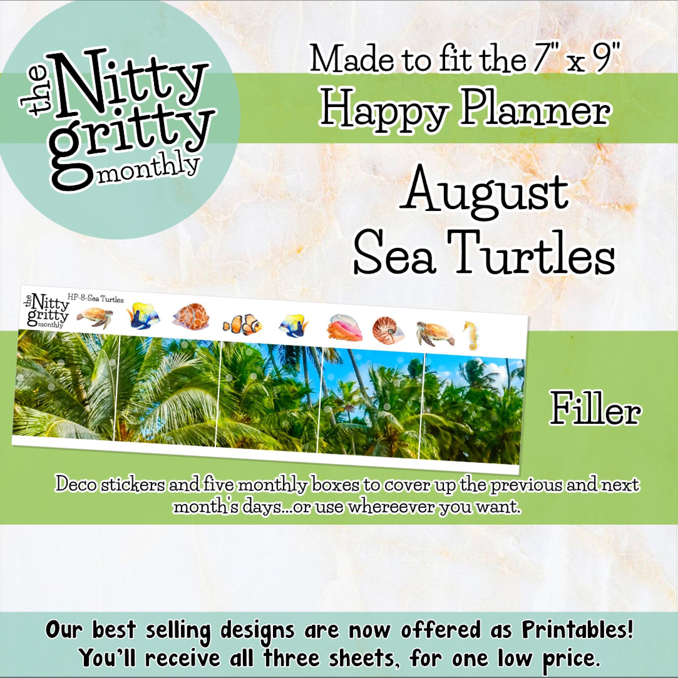 August Sea Turtles Monthly Kit Printable Stickers Happy Planner ...