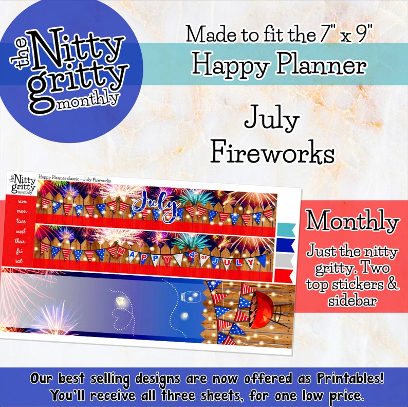 July Fireworks Monthly Kit | Printable Stickers | Happy Planner ...