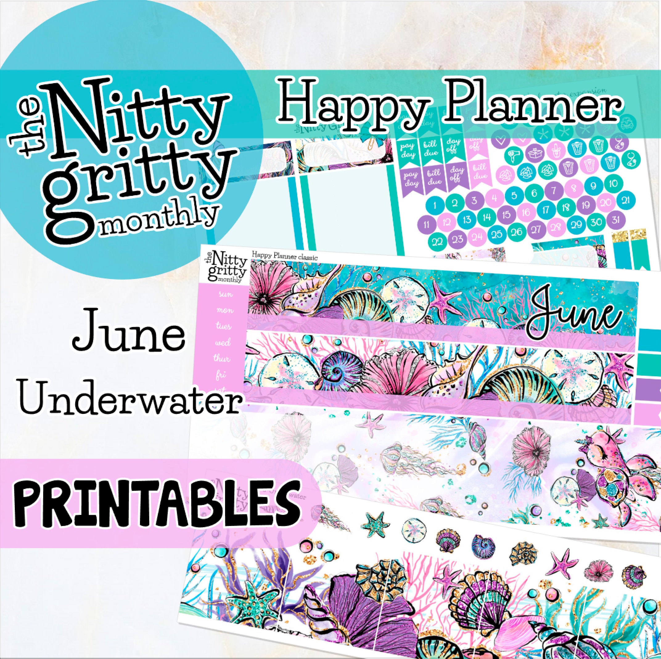 June Underwater Monthly Kit Printable Stickers Happy Planner Silhouette ...