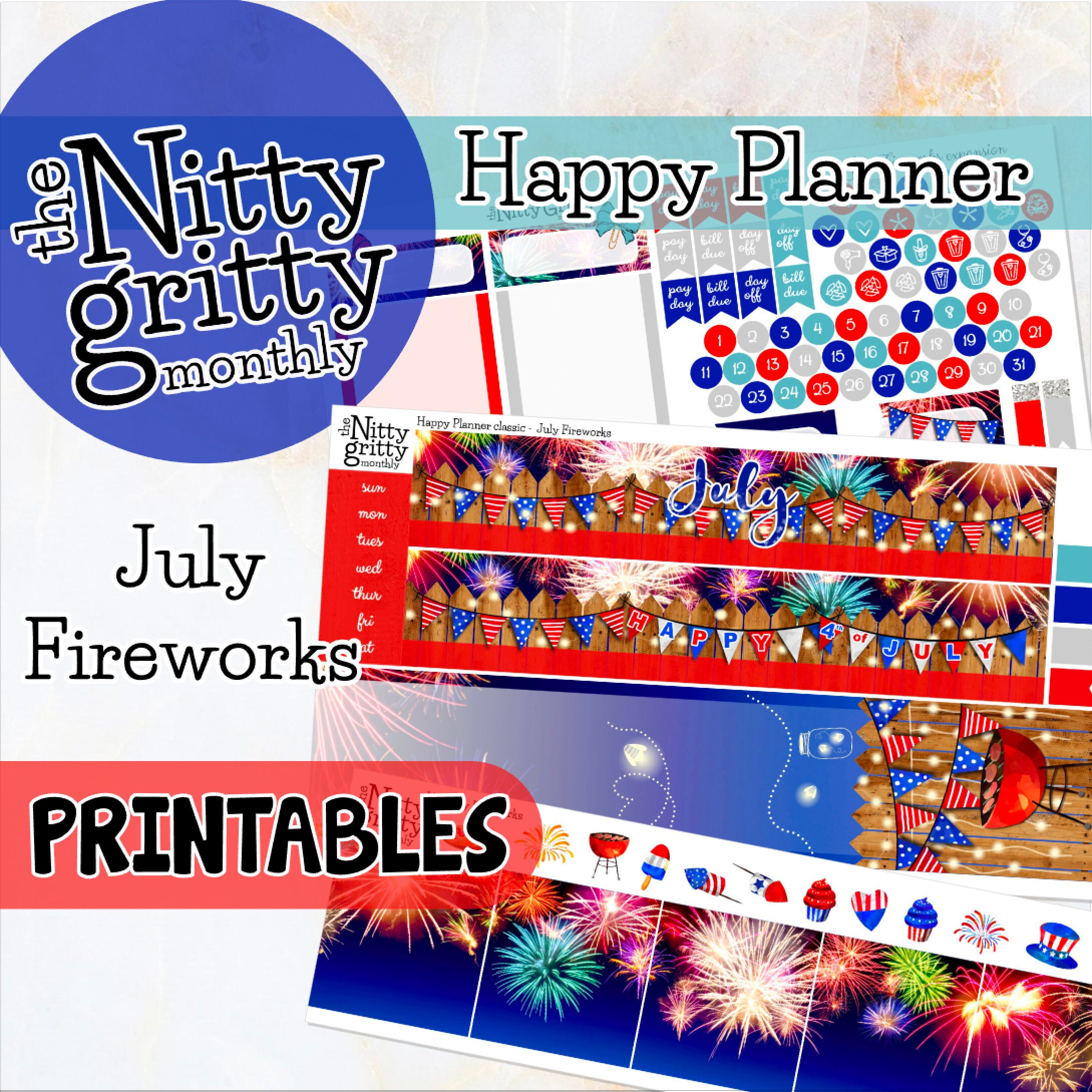 July Fireworks Monthly Kit Printable Stickers Happy Planner Silhouette ...