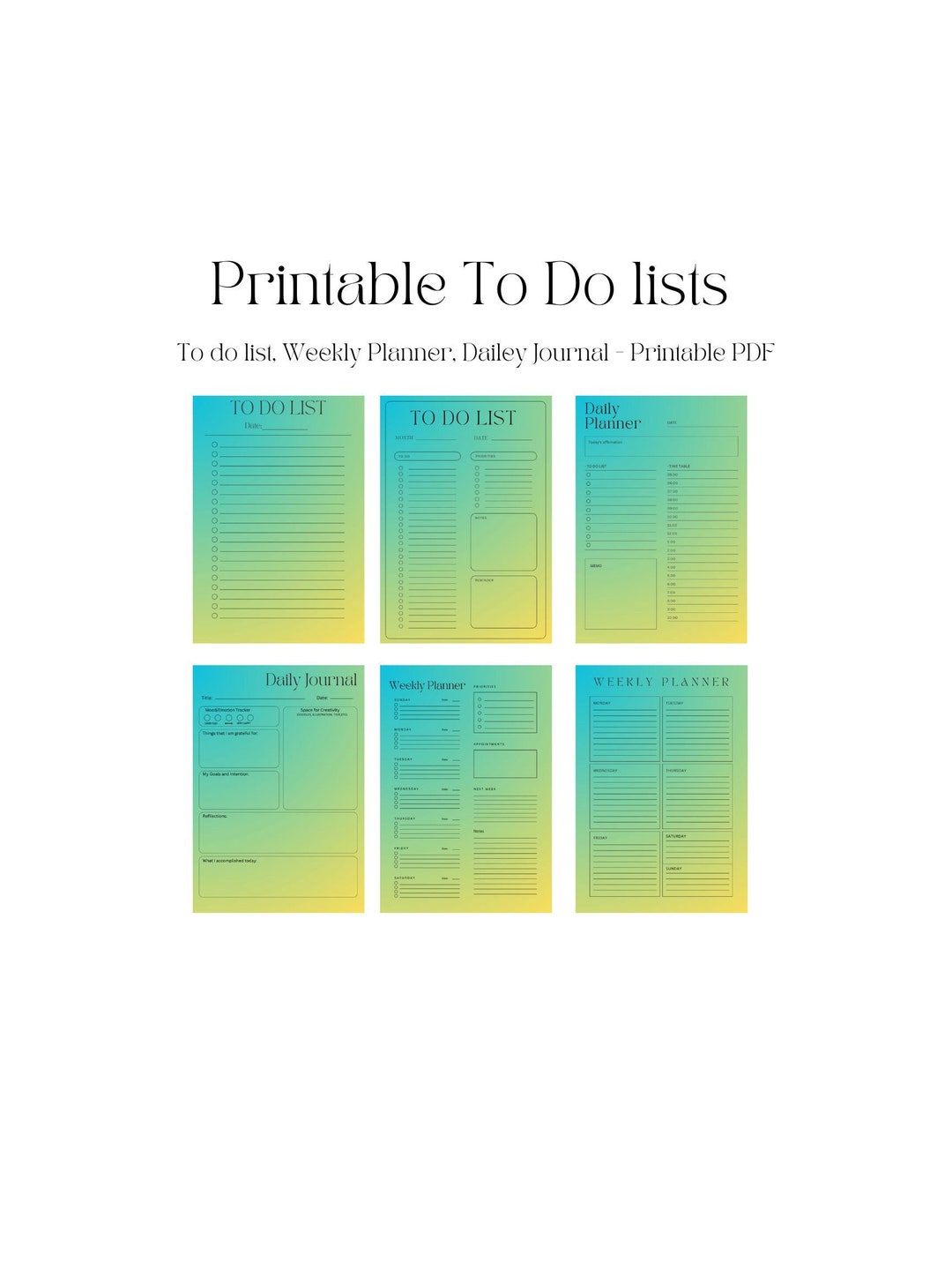 Blue/green/yellow Printable to Do List, Weekly Planner, Dailey Journal ...