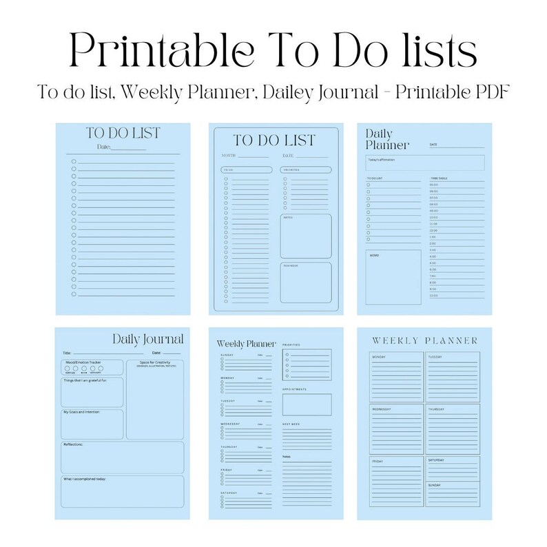 Light Blue Printable to Do List, Weekly Planner, Dailey Journal Bundle ...