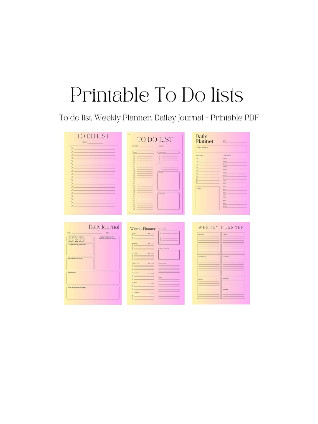 Yellow and Pink Printable to Do List, Weekly Planner, Dailey Journal ...
