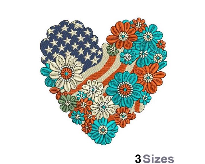 Floral USA Heart Flag - Machine Embroidery Design - 3 Sizes - Etsy